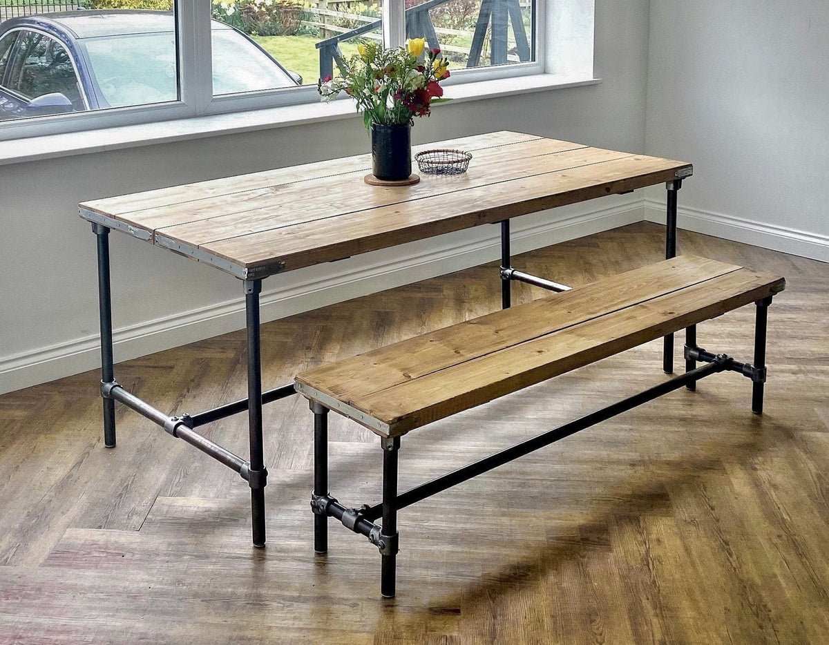 Scaffold Board Dining Table & Bench Set on Steel Tube Pipe Legs, Rusti ...