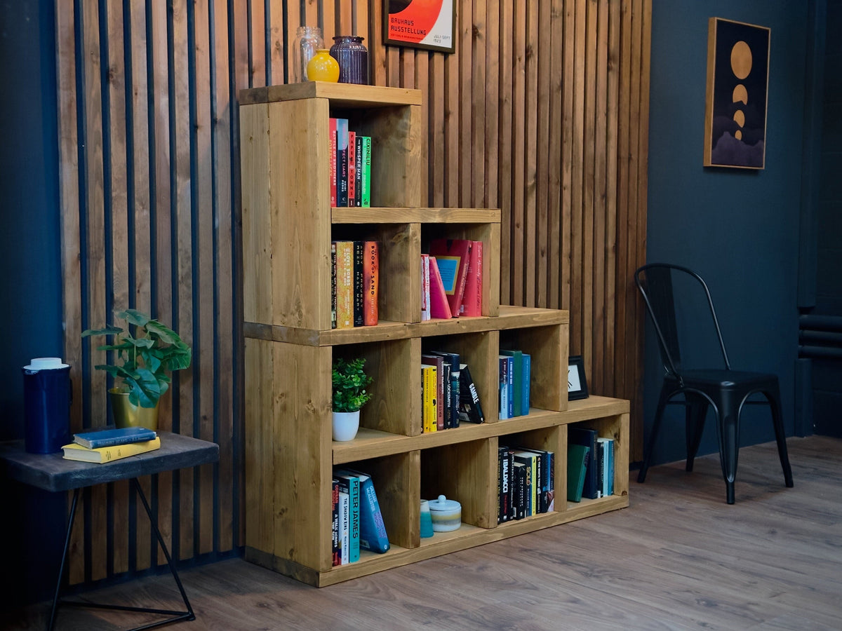 Rustic Step Bookcase | Shelving Unit | Reclaimed Style Solid Wooden Cu ...
